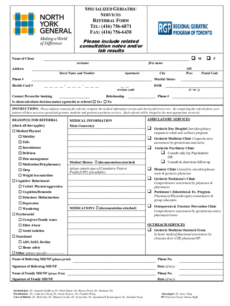 Fillable Online specialized geriatric services referral form tel: (416 ...