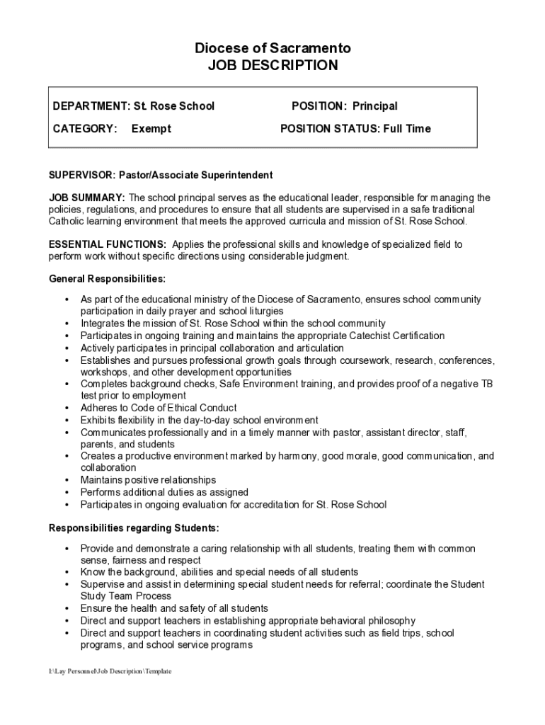 Fillable Online Elementary Principal Job Description Notre Dame School ...