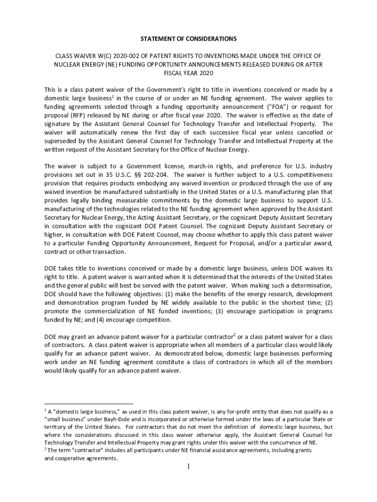 Fillable Online gain inl STATEMENT OF CONSIDERATIONS CLASS WAIVER W ...