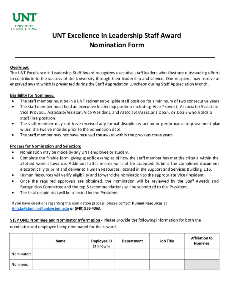 Fillable Online UNT Excellence in Leadership Staff Award Nomination Form Fax Email Print - pdfFiller