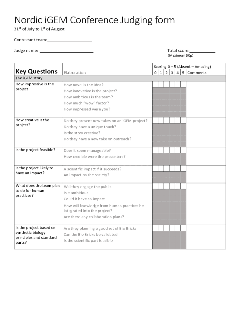 Fillable Online Nordic iGEM Conference Judging form.docx Fax Email Print - pdfFiller