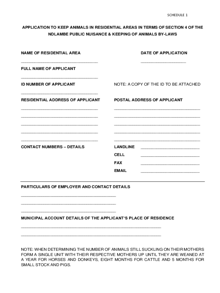 Fillable Online ndlambe gov SCHEDULE 1 APPLICATION TO KEEP ANIMALS IN ...