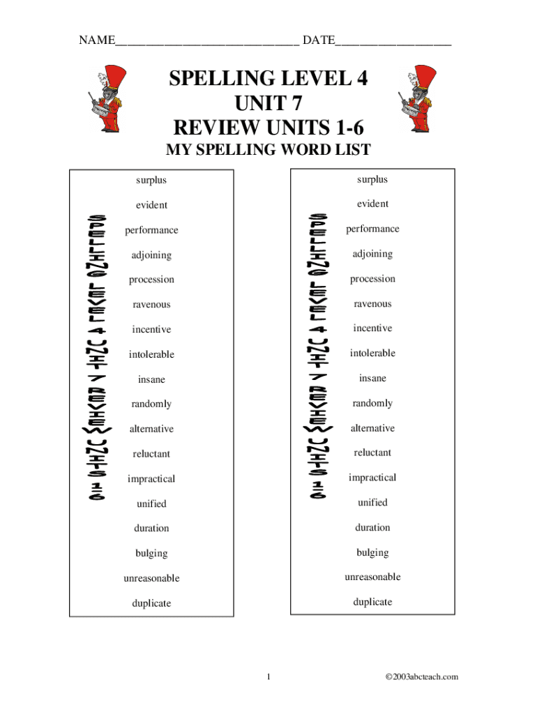 Fillable Online 4th Grade Spelling Units (Level D) - Super Teacher ...
