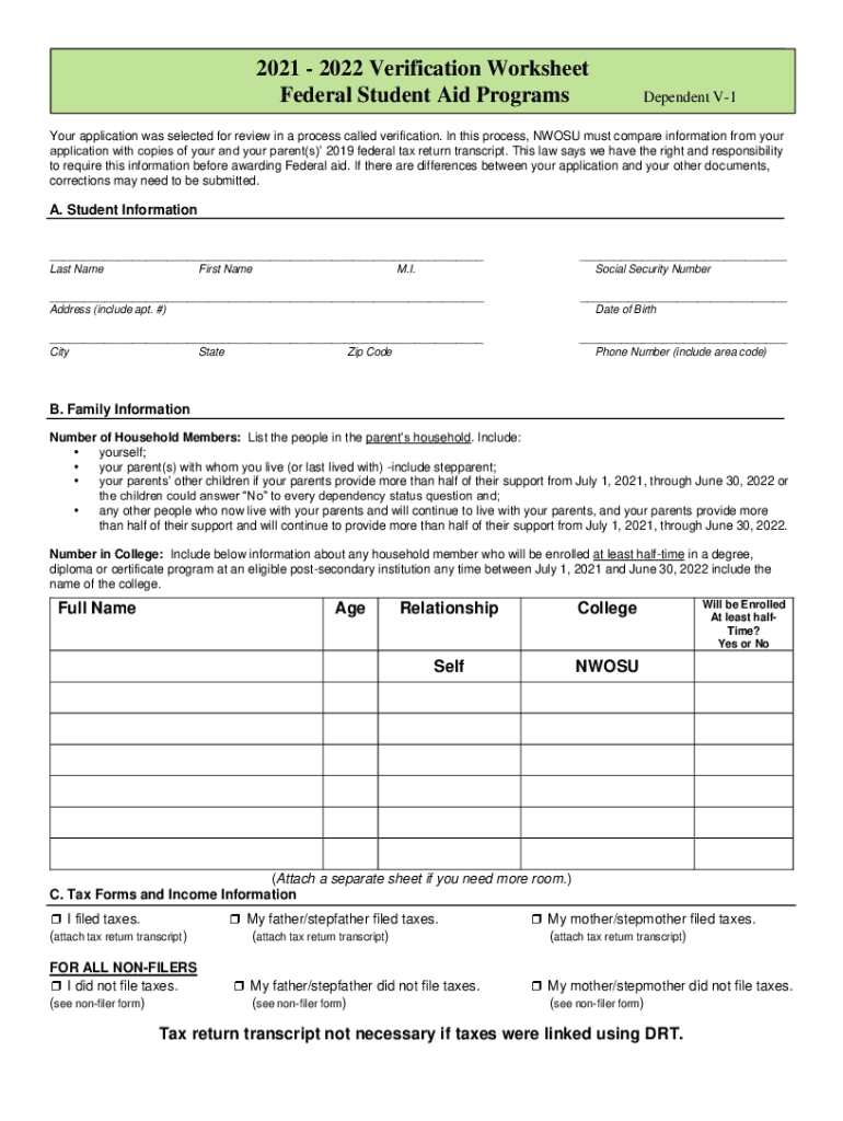 Fillable Online 2021-2022 Dependent Student Verification Worksheet ... Fax Email Print - pdfFiller