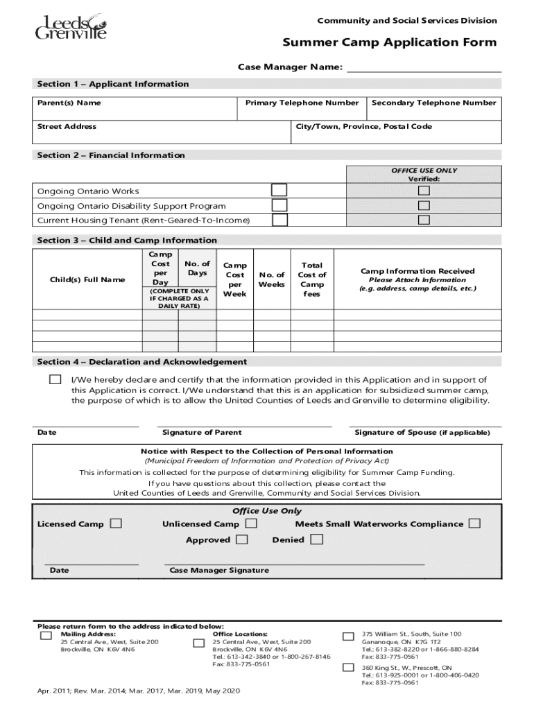 Fillable Online Summer Camp Application Form - Case Manager Name Fax Email Print - pdfFiller