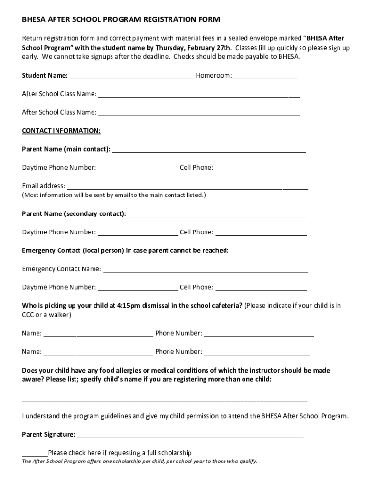 Fillable Online BHESA AFTER SCHOOL PROGRAM REGISTRATION FORM Fax Email ...
