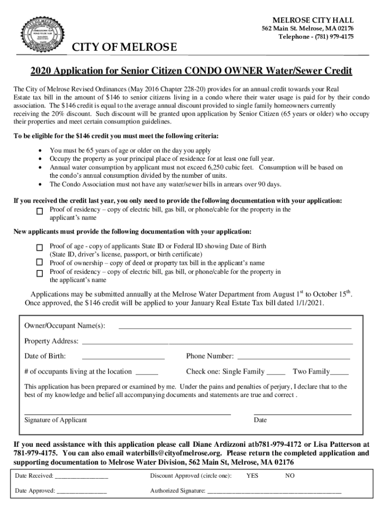 Fillable Online 2020 Application for Senior Citizen CONDO OWNER Water ...