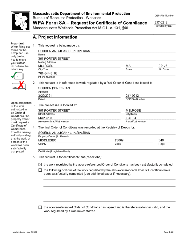 Fillable Online WPA Form 8ARequest for Certificate of Compliance A Fax ...