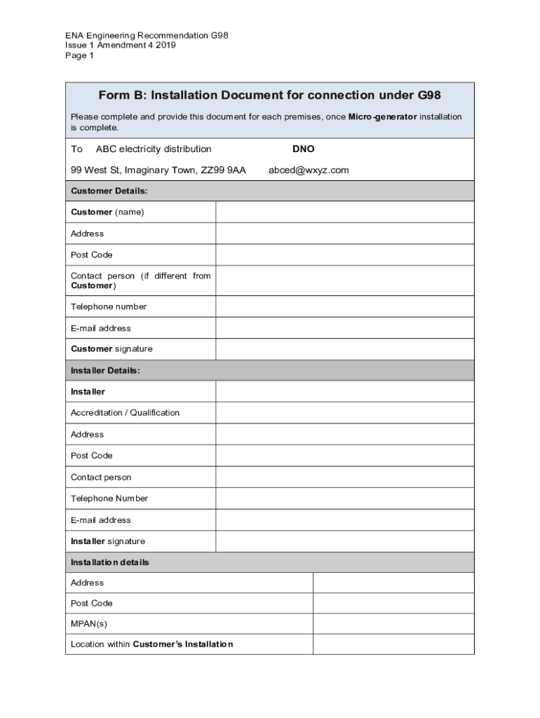 Fillable Online Form B: Installation Document for connection under G98 ...