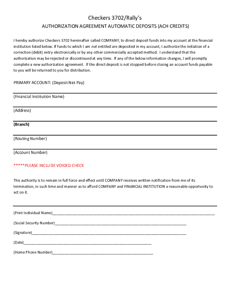Fillable Online authorization agreement for direct deposits (ach credits) Fax Email Print ...