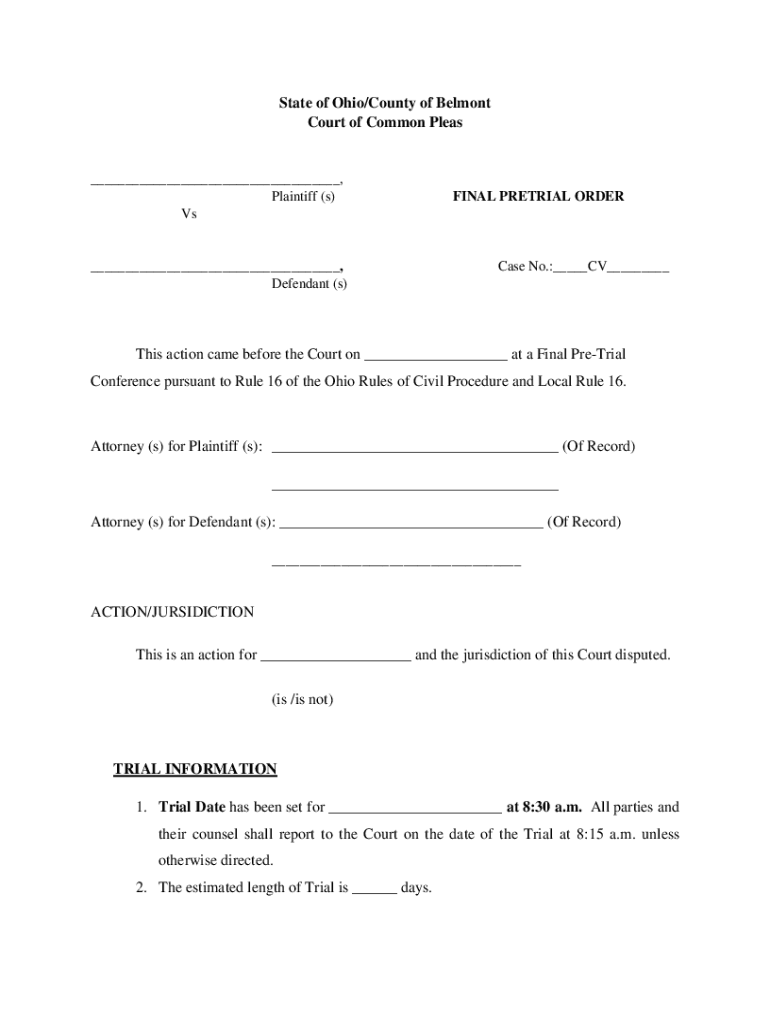 Fillable Online Final Pre Trial Order - Belmont County Common Pleas ...