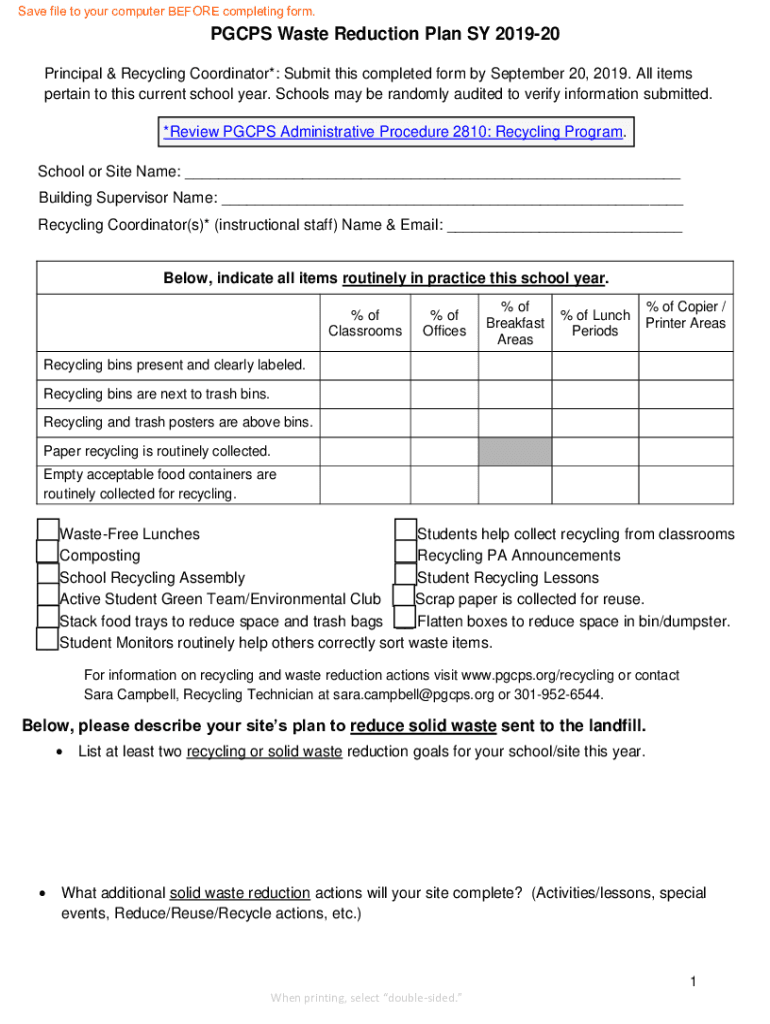 Fillable Online Waste Reduction Plan Template SY 22-23 - Pgcps Fax ...
