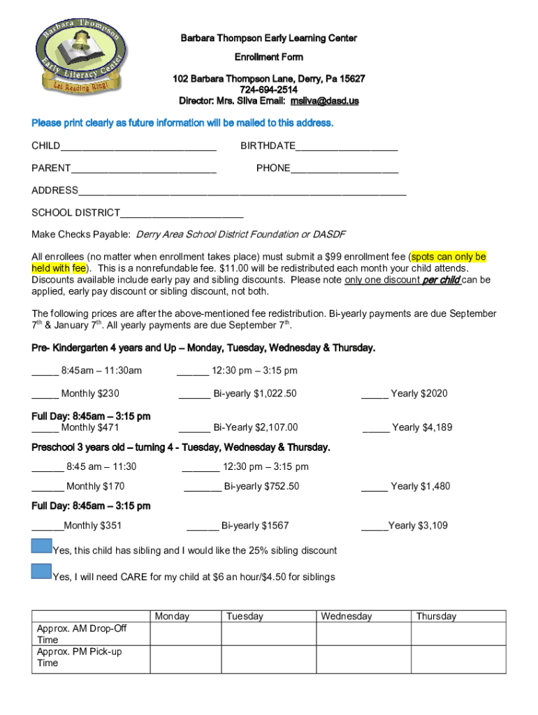 Fillable Online Barbara Thompson Early Learning Center Enrollment Form ...