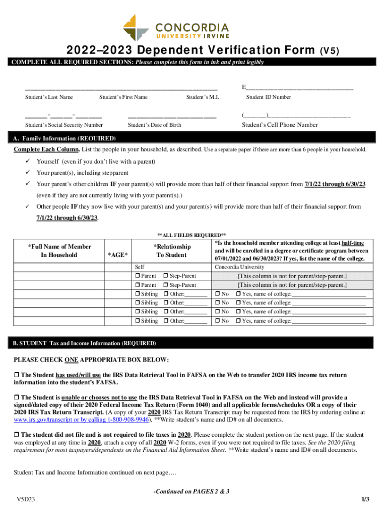 Fillable Online 20222023 Dependent Verification Form (V5) Fax Email Print - pdfFiller