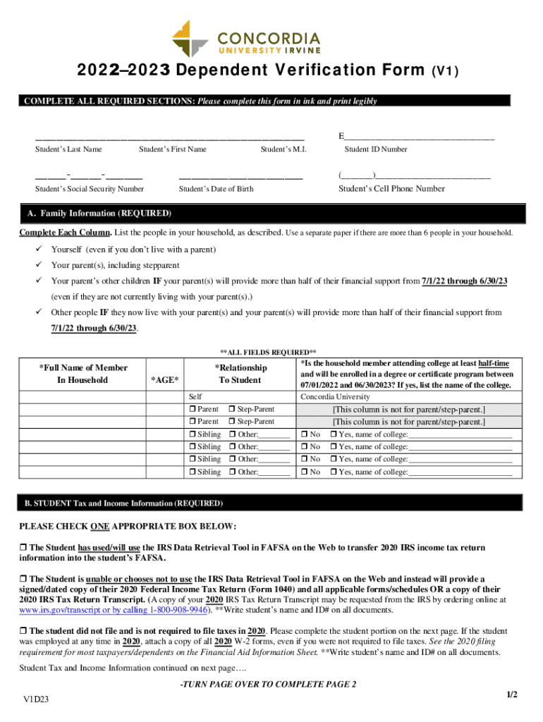 Fillable Online 20222023 Dependent Verification Form (V1) Fax Email Print - pdfFiller