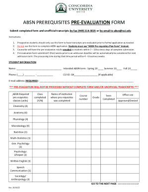 Fillable Online ABSN PREREQUISITES PRE-EVALUATION FORM Fax Email Print ...