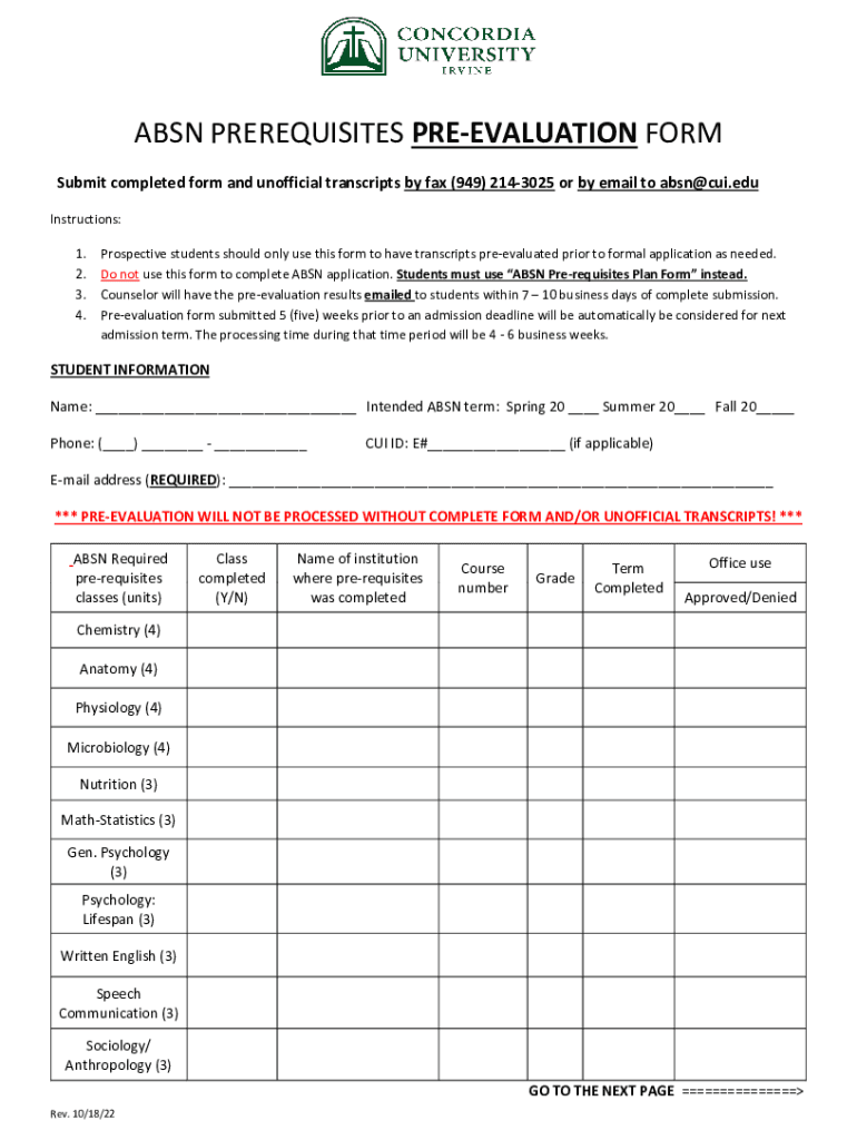Fillable Online ABSN PREREQUISITES PRE-EVALUATION FORM Fax Email Print ...