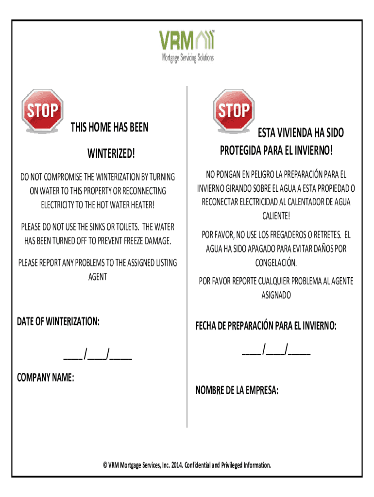 Fillable Online VRM Mortgage Services - Winterization Notice Fax Email ...