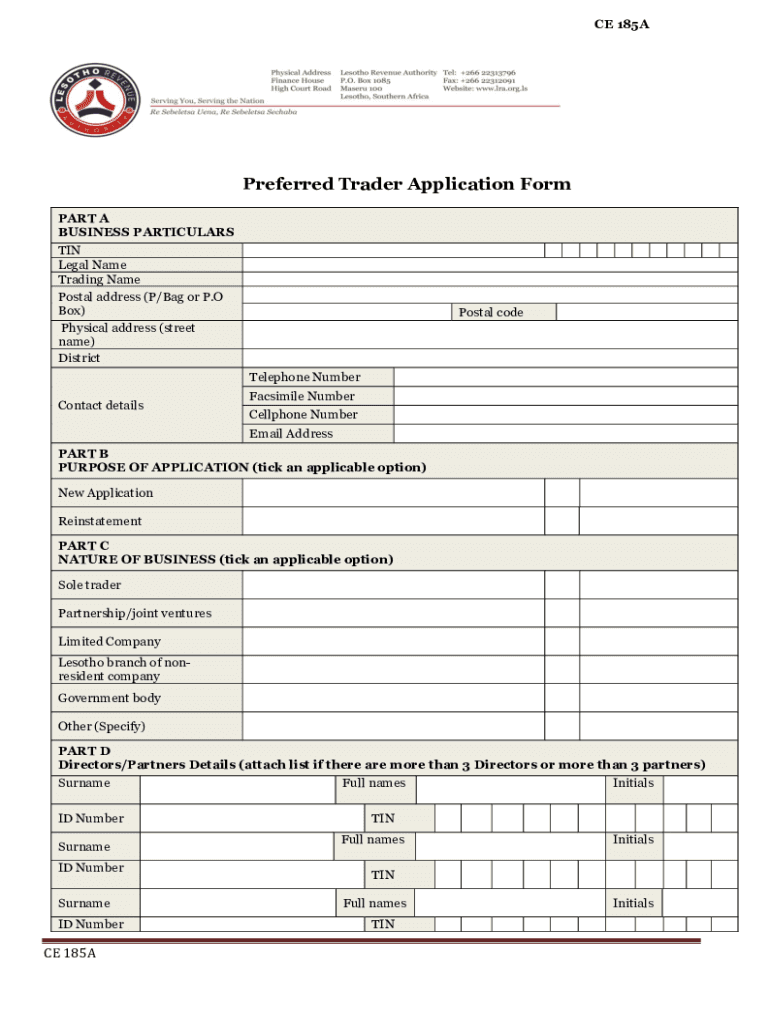Fillable Online Preferred Trader Application Form - Lesotho Revenue ...