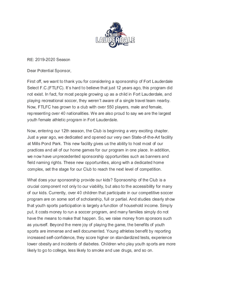 Fillable Online RE: 2019-2020 Season Dear Potential Sponsor, First off ...