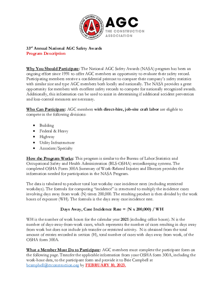 Fillable Online 33rd Annual National AGC Safety Awards Program Description Why ... Fax Email ...