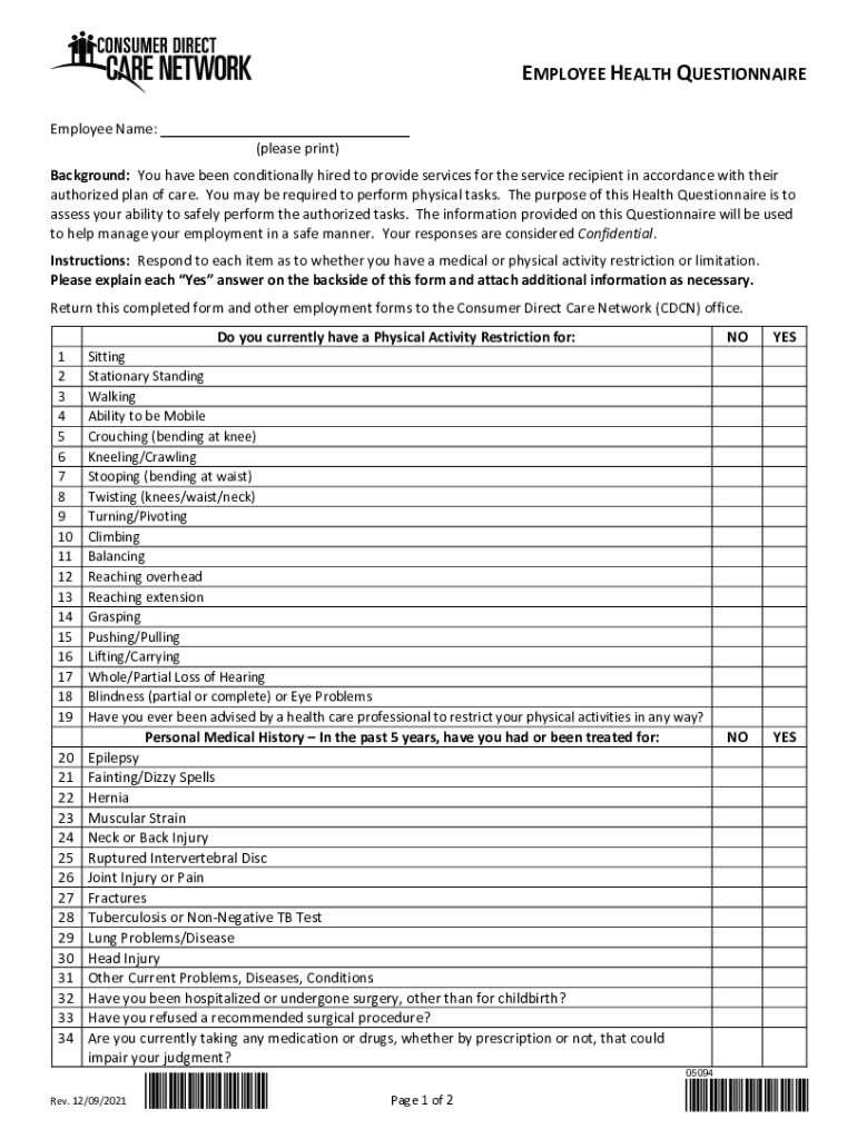 Fillable Online EMPLOYEE HEALTH QUESTIONNAIRE Fax Email Print - pdfFiller