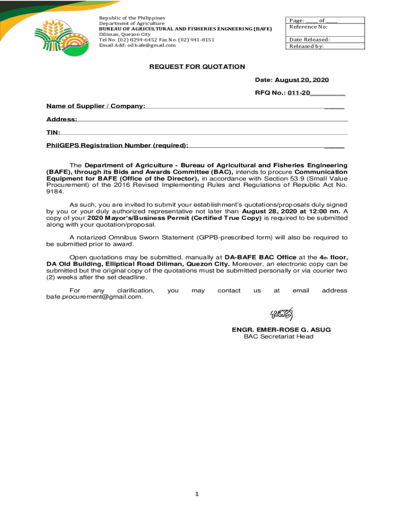 Fillable Online REQUEST FOR QUOTATION Date: August 20, 2020 RFQ No ... Fax Email Print - pdfFiller