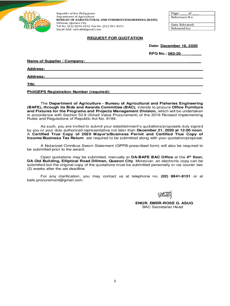 Fillable Online REQUEST FOR QUOTATION Date: December 16, 2020 RFQ ... Fax Email Print - pdfFiller