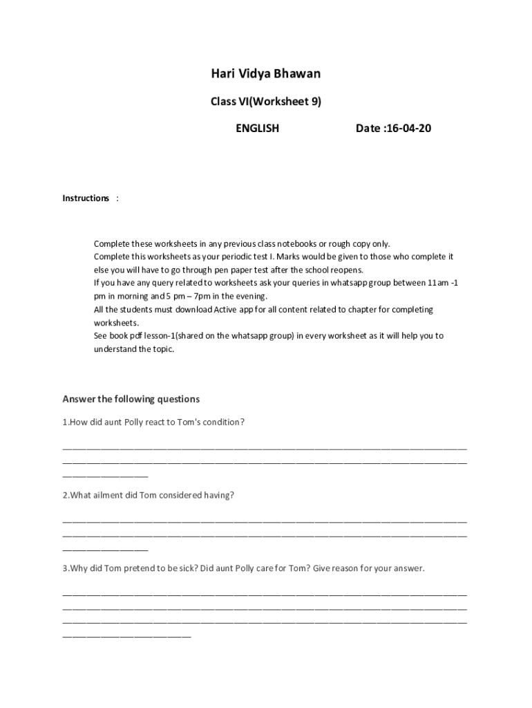 Fillable Online Hari Vidya Bhawan - Class VI (Worksheet 25) ENGLISH Date Fax Email Print - pdfFiller