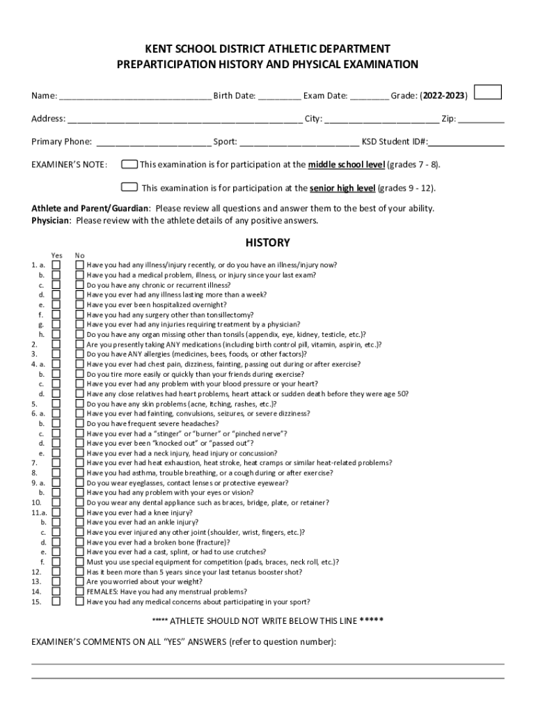 Fillable Online KSD Athletic Physical Form 2022-2023 - Kent School District Fax Email Print ...