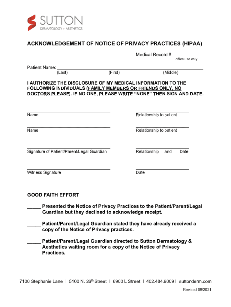 Fillable Online Acknowledgement of notice of privacy practices (hipaa ...
