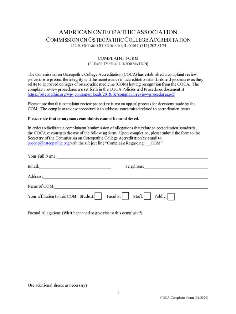 Fillable Online COCA-Complaint-Form.pdf - American Osteopathic ...