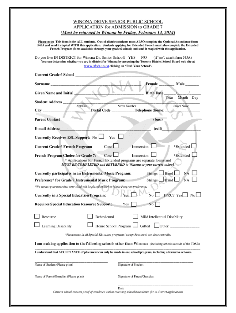 Fillable Online HOME SCHOOL APPLICATION for ADMISSION TO GRADE 7 Fax ...
