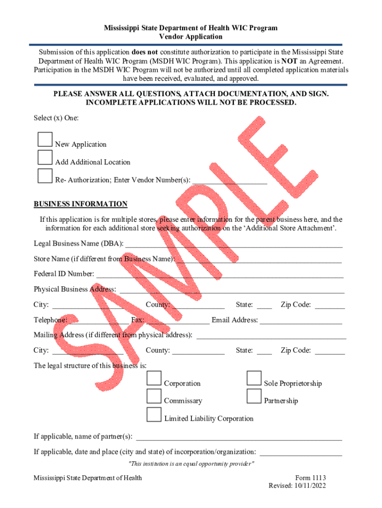 Fillable Online Vendor Application MS. Form 1113 SAMPLE (1) Fax Email ...