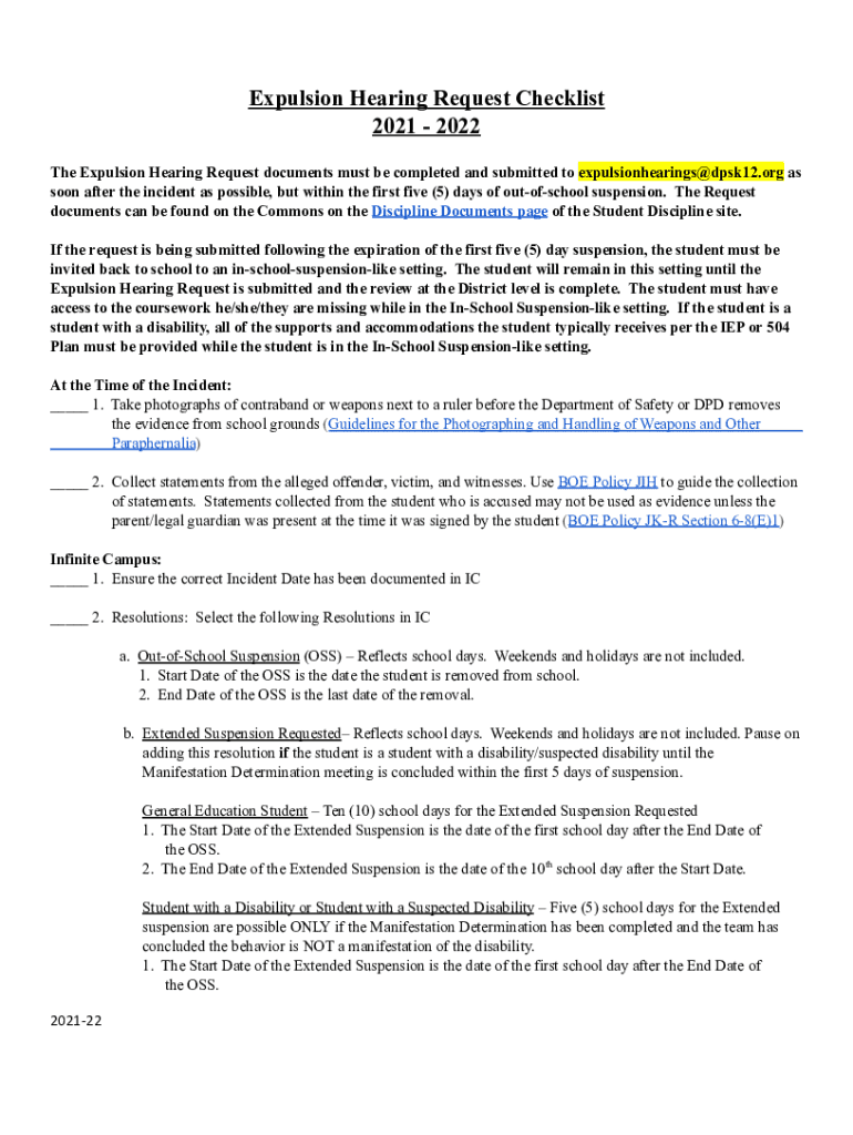 Fillable Online thecommons dpsk12 Guidance Document Expulsion Process ...