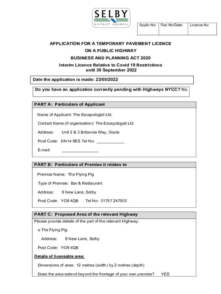 Fillable Online application for a temporary pavement licence Fax Email ...