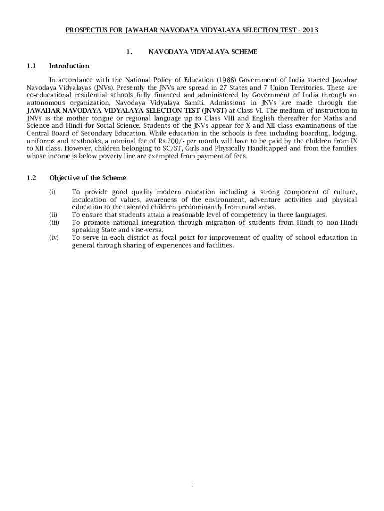 Fillable Online jnvbaghmara nic prospectus for jawahar navodaya ...