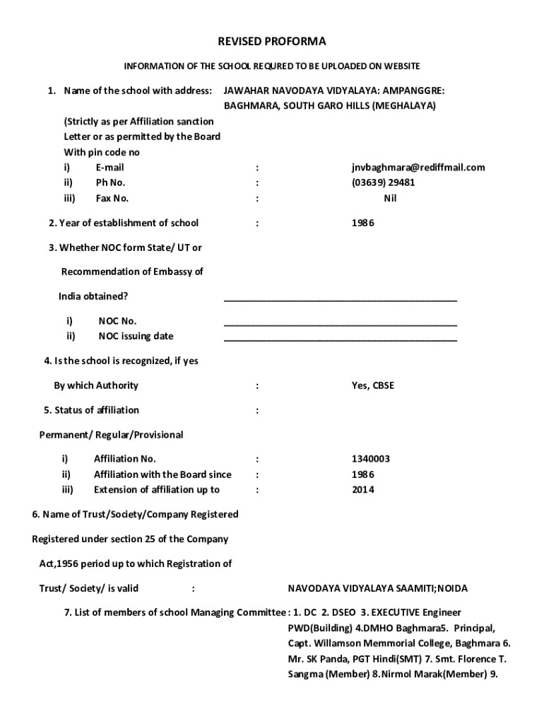 Fillable Online jnvbaghmara nic REVISED PROFORMA - J N V Baghmara Fax Email Print - pdfFiller