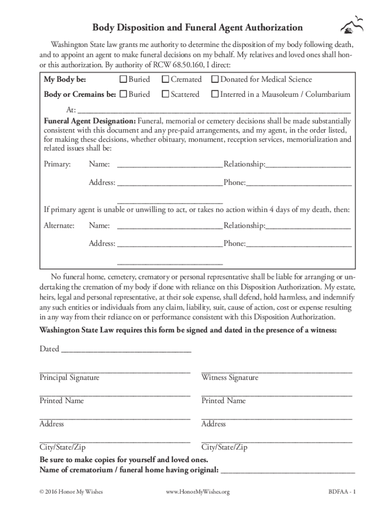 Fillable Online Body Disposition and Funeral Agent Authorization Fax ...