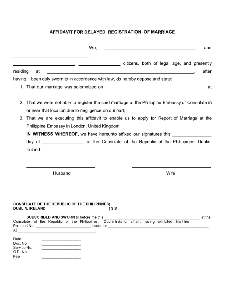 Fillable Online Affidavit of Delayed Registration of Marriage Fax Email ...