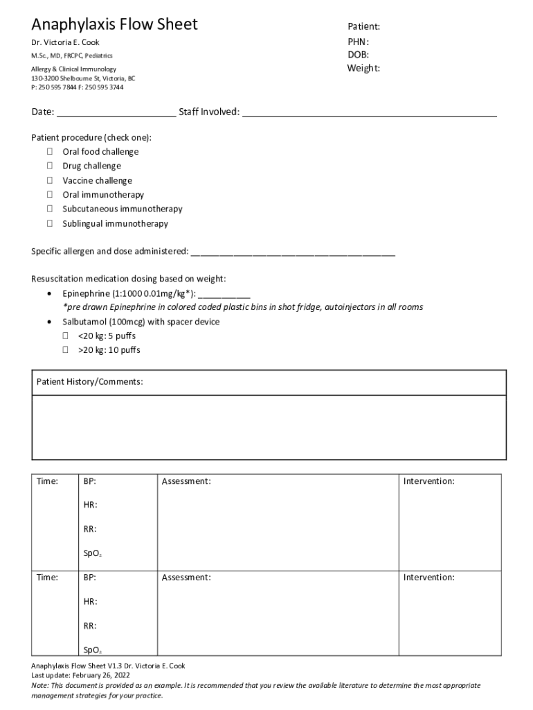 Fillable Online Anaphylaxis Flow Sheet Fax Email Print - pdfFiller