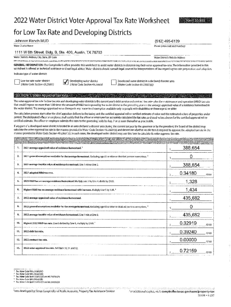 Fillable Online 2020 Water District Voter-Approval Tax Rate Worksheet ...