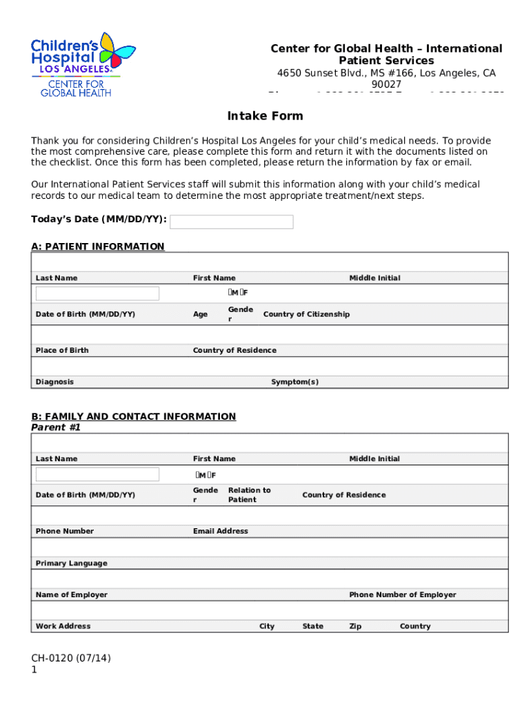 Intake - Children's Hospital Los Angeles Doc Template | pdfFiller