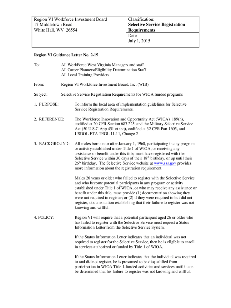 Fillable Online WIA Eligibility Guidelines Selective Service Registration Desk ... Fax Email ...