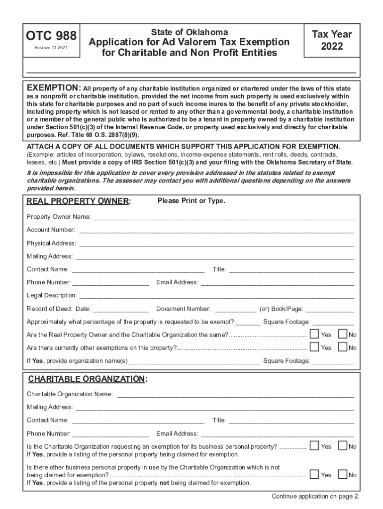 Fillable Online custer okcounties 2022 Form 988 Application for Ad ...