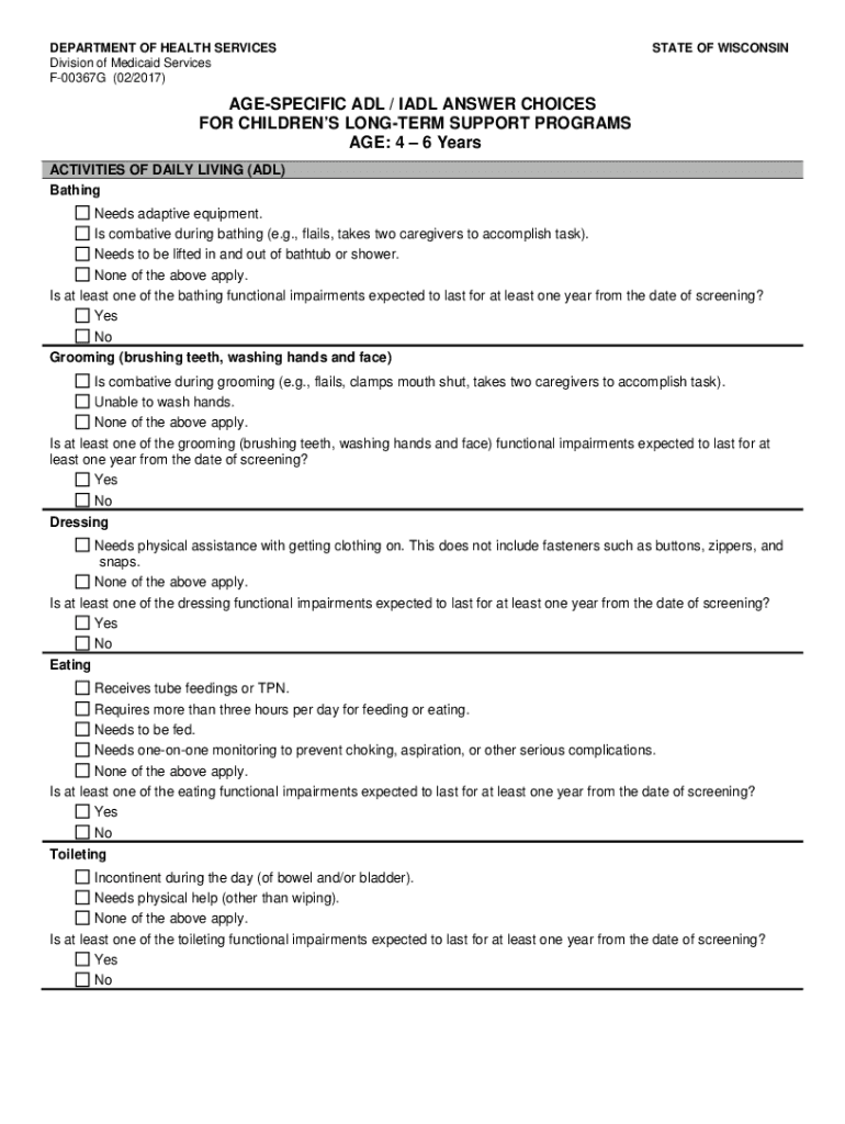 Fillable Online dhs wisconsin Long Term Care - Activities of Daily ...