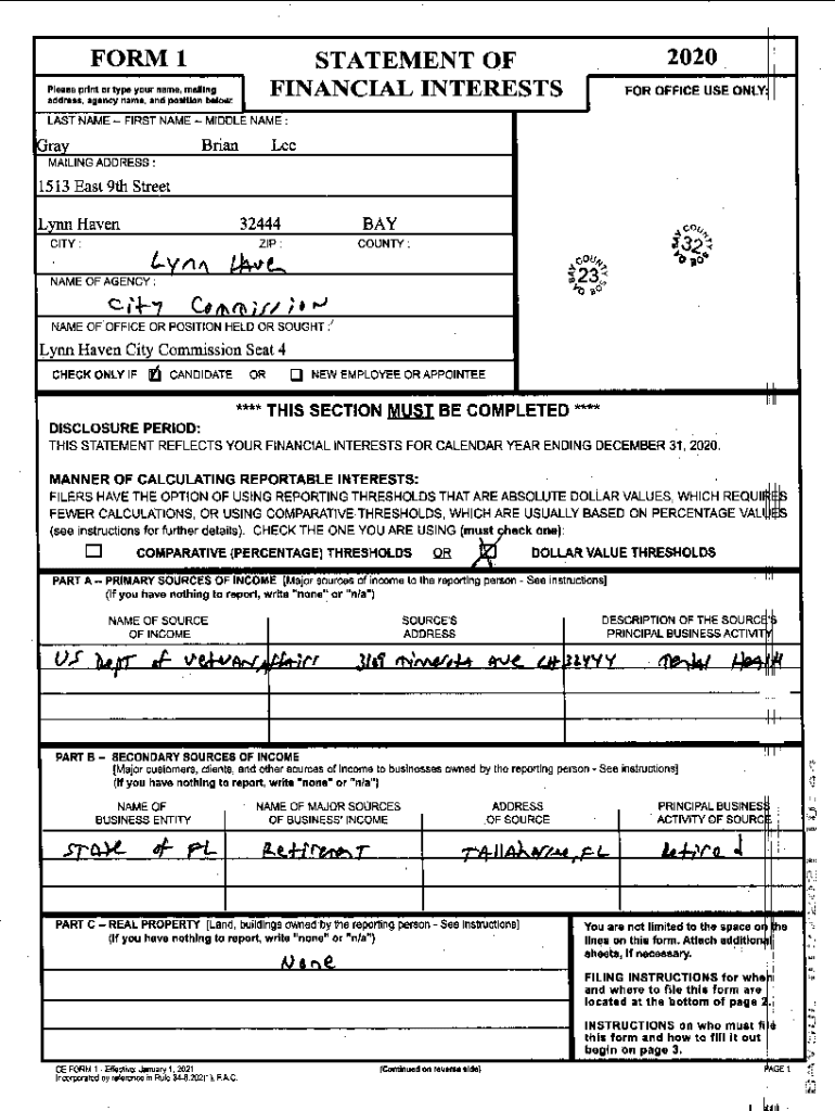Fillable Online FORM 1 STATEMENT OF 2020 FINANCIAL INTERE STS Fax Email ...