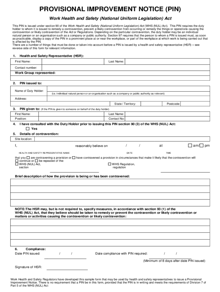 Fillable Online Provisional improvement notices (PINs) and direction to ...