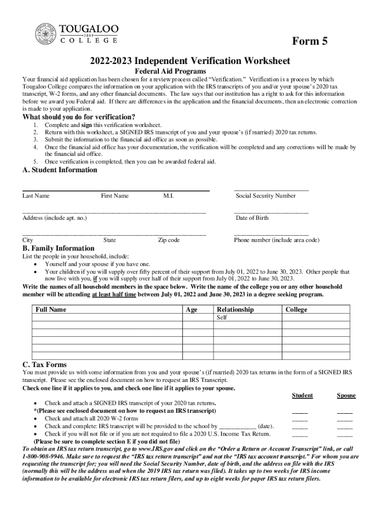 Fillable Online 2022-2023 Verification Worksheet - Independent Student Fax Email Print - pdfFiller