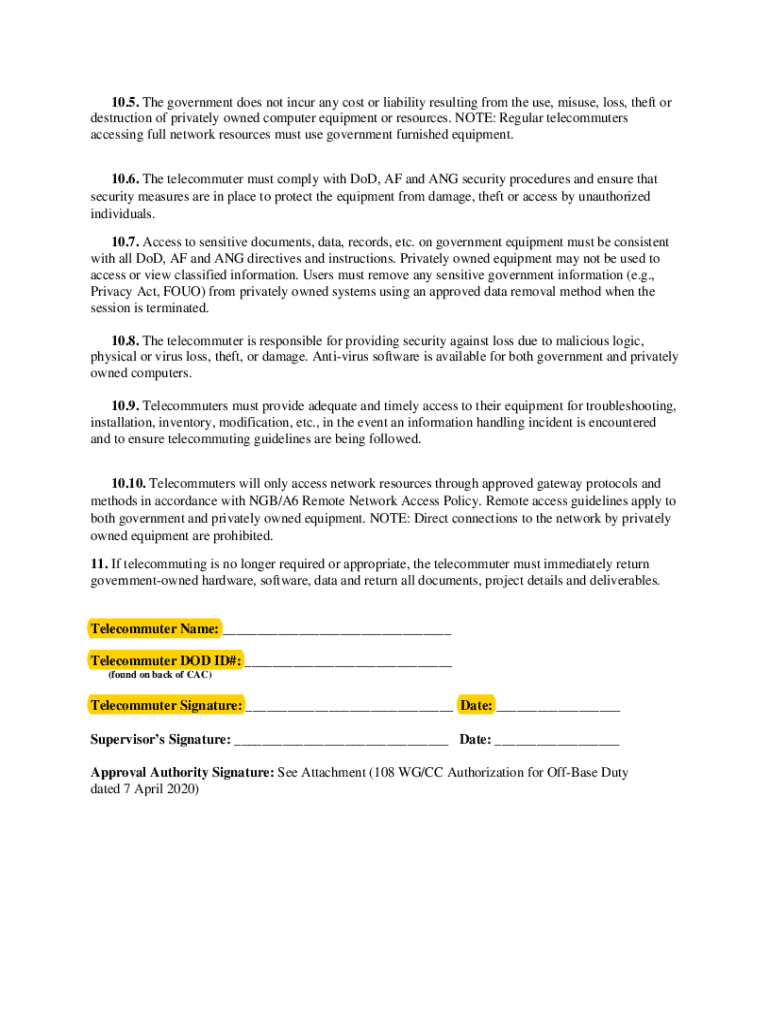 Fillable Online SUBJECT: ANG Telecommuting Work Agreement (ANGI 36 ... Fax Email Print - pdfFiller